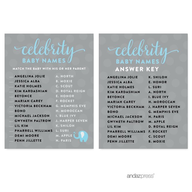 Celebrity Name Game Gray Boy Elephant Baby Shower Games , 20-Pack ...