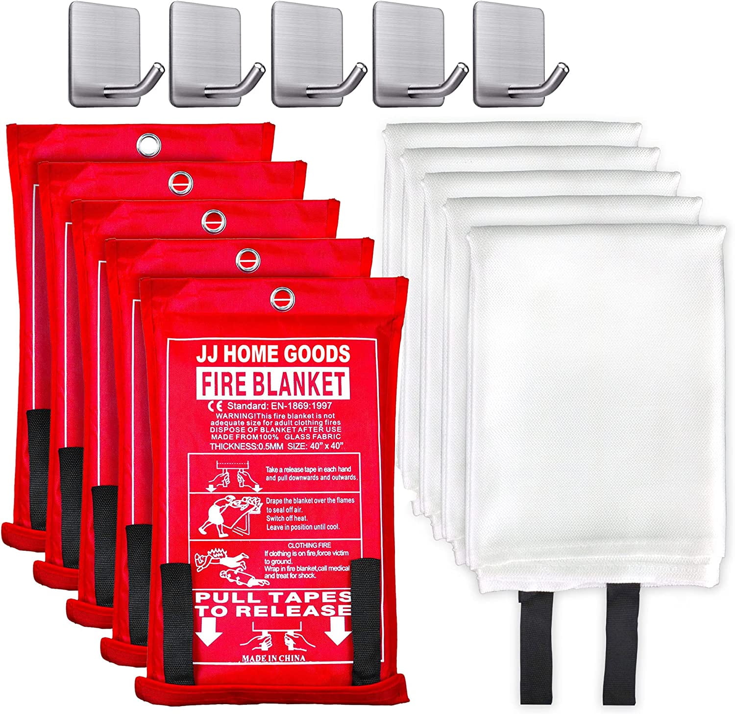 JJ CARE Fire Blanket - 40" x 40" [5 Packs with Hooks ] - Suppression ...