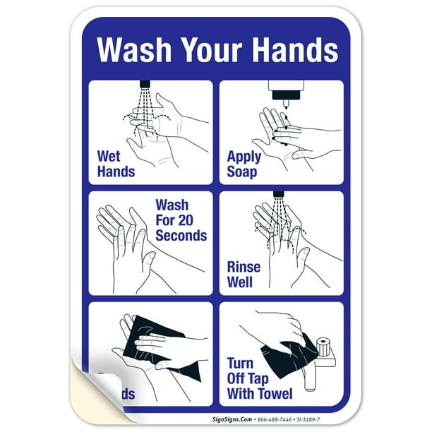 Hand Washing Sign, 6 Steps Hand Washing Sign, 10x7 Vinyl Sticker ...