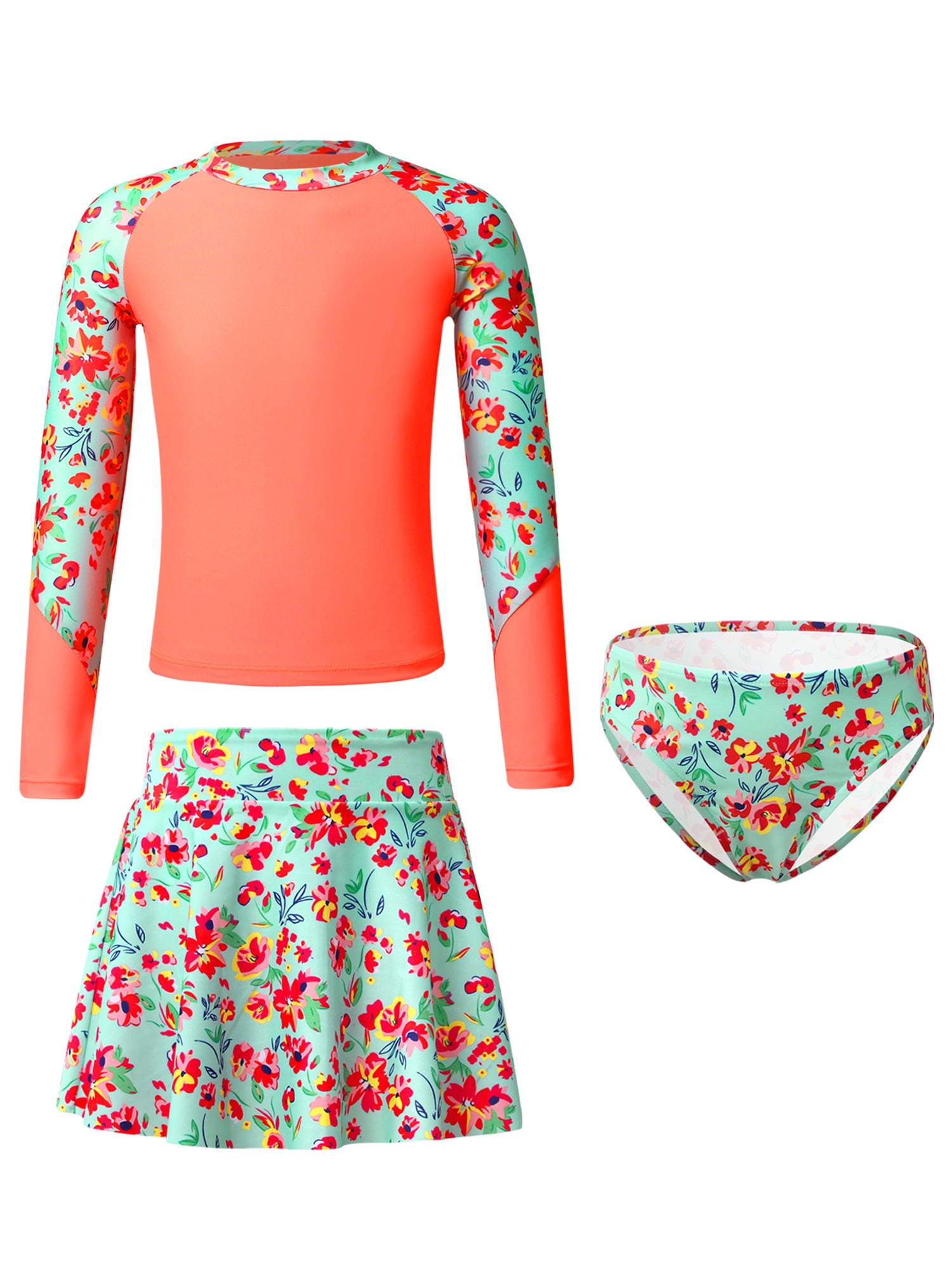 TiaoBug Kids Girls Floral 3 Pcs Rashguard Swimwear Sets Long Sleeve Upf ...