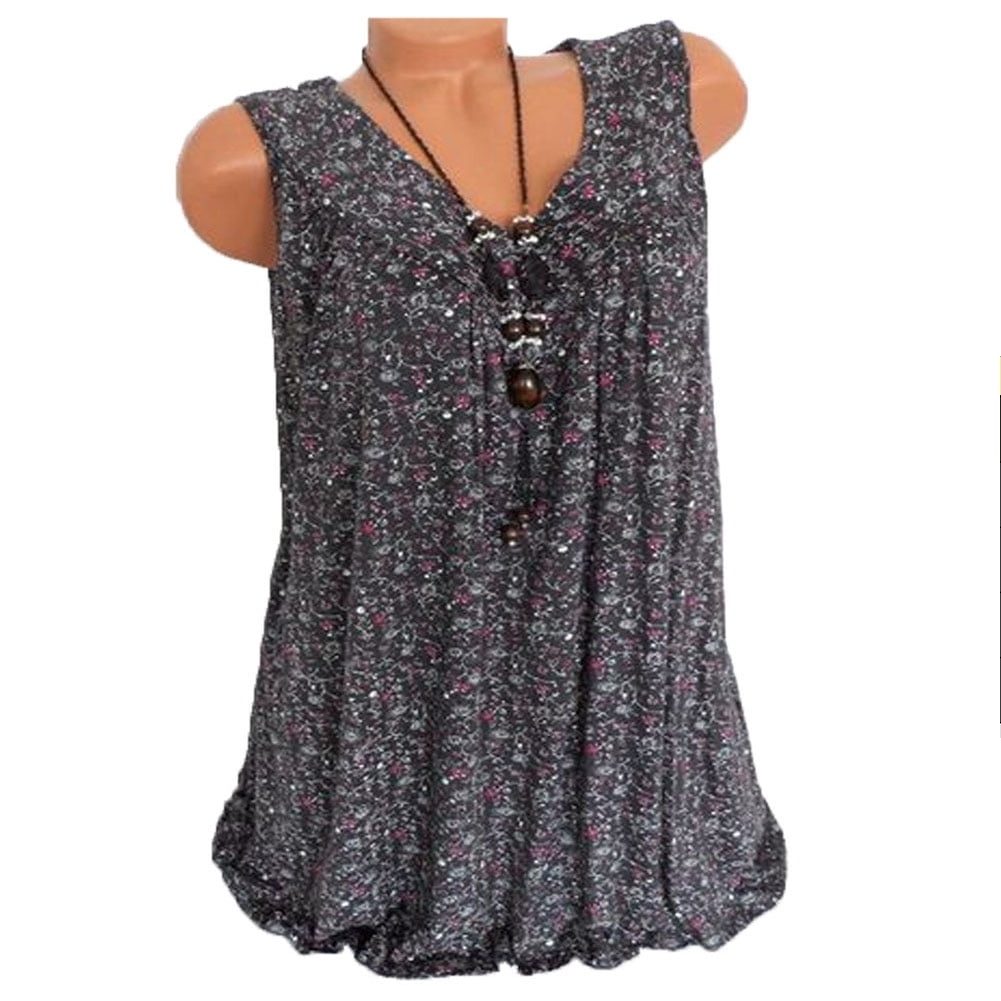 Tregren Womens Summer Casual Sleeveless Tank Tops Floral Printed V Neck Pleated Loose Fit Flowy ...