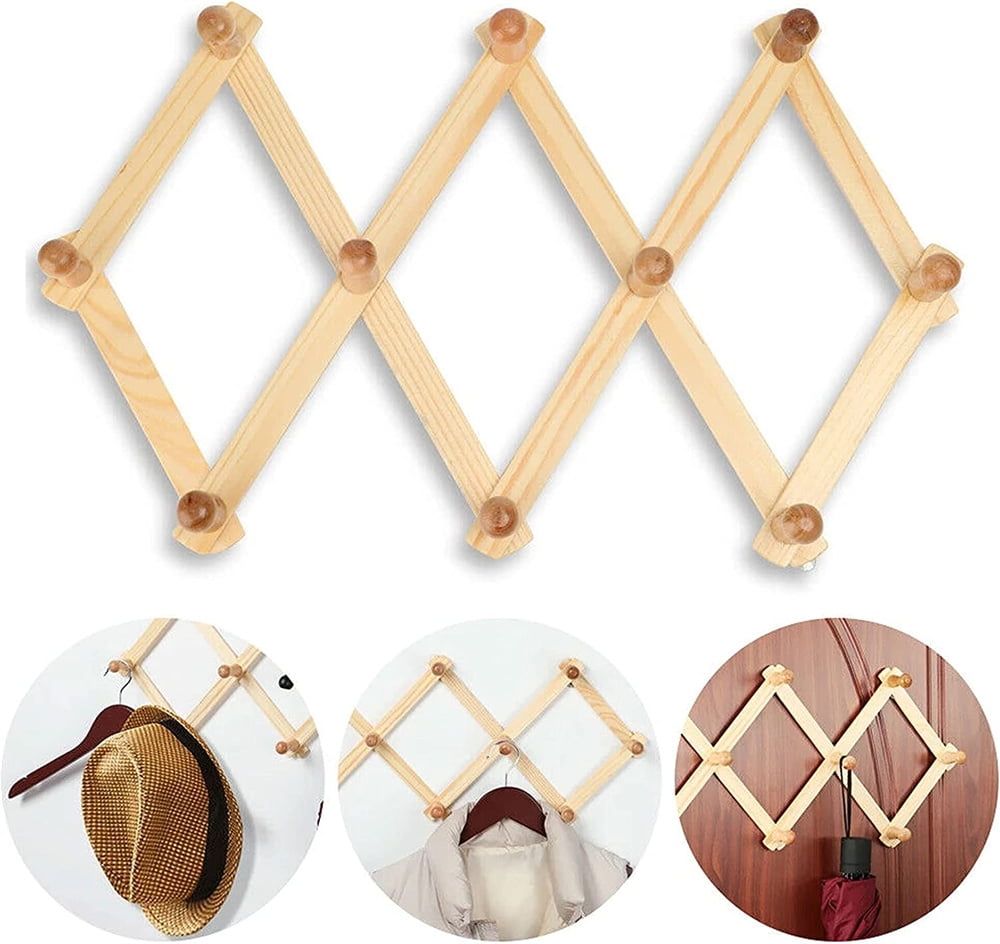 NOGIS 1 Pack Accordion Style Expandable Wall Wooden Coat Rack 10 Hooks ...