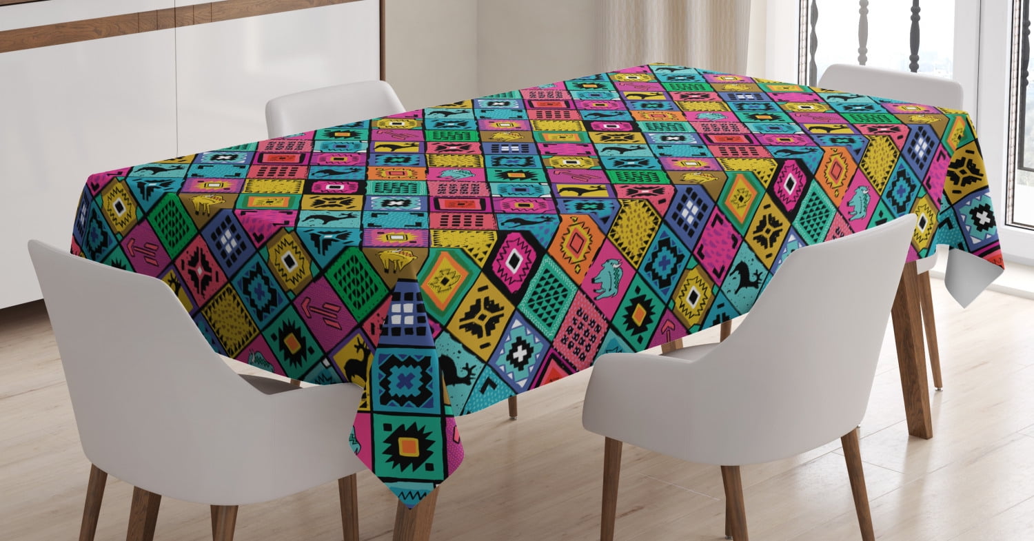 Southwestern Tablecloth, Patchwork Style Pattern in Hand Drawn Style ...