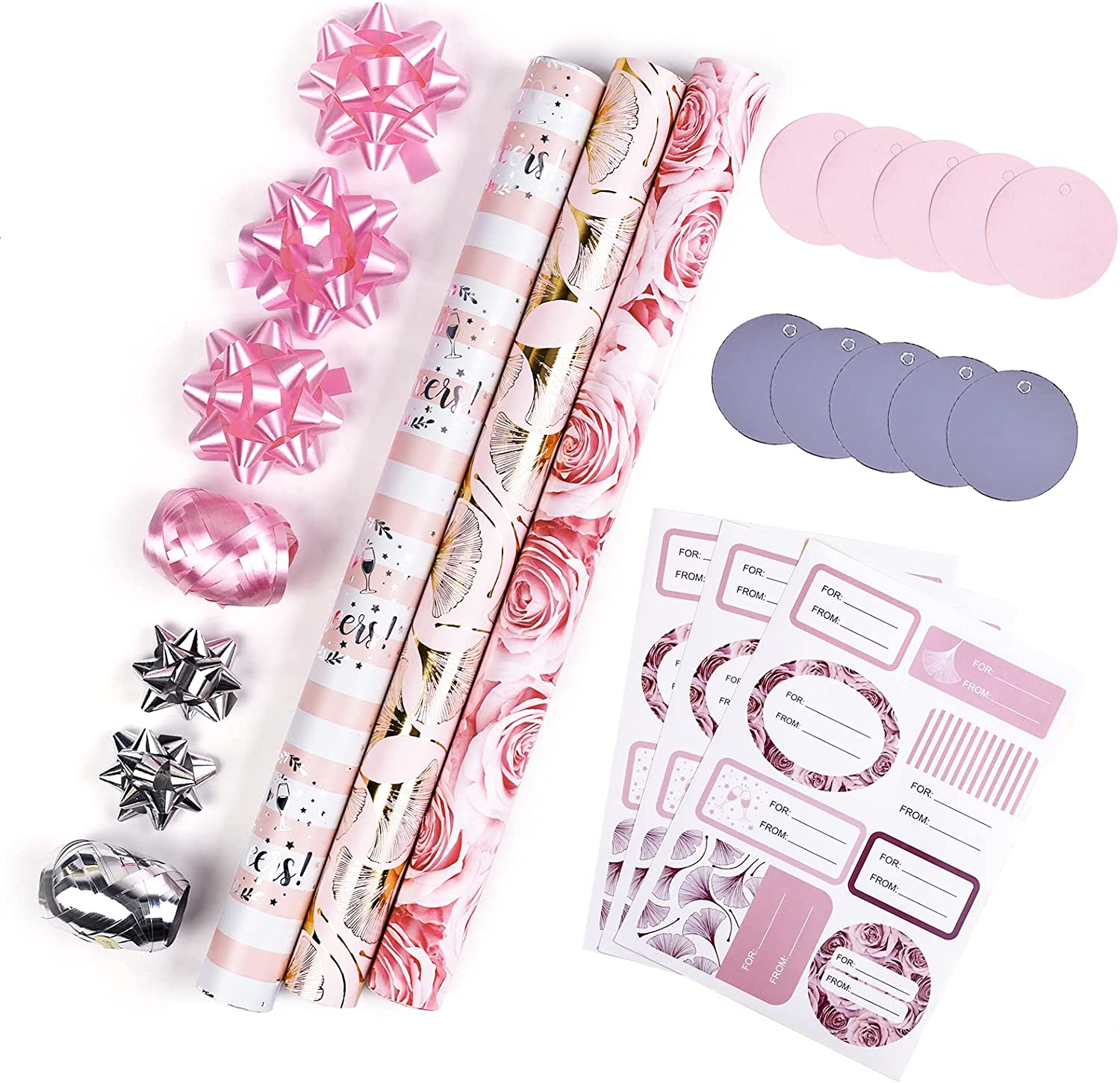 Wrapping Paper Set - Mini Roll with Bow & Ribbon & Gift Tags & Stickers ...