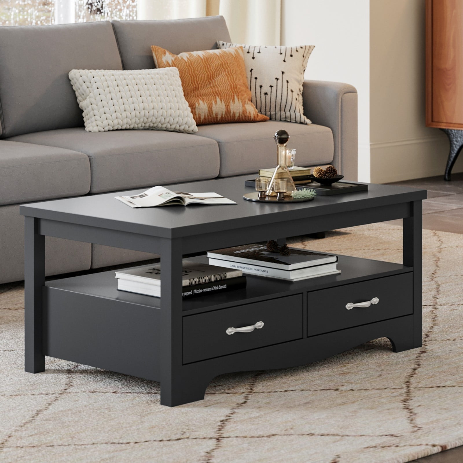 LINSY HOME Coffee Table with Storage Drawers, Wooden Farmhouse TV Stand ...