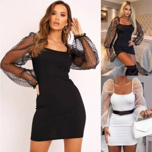 Sheseeworld Womens Sexy Sheer Mesh Long Sleeve Square Neck Ruched