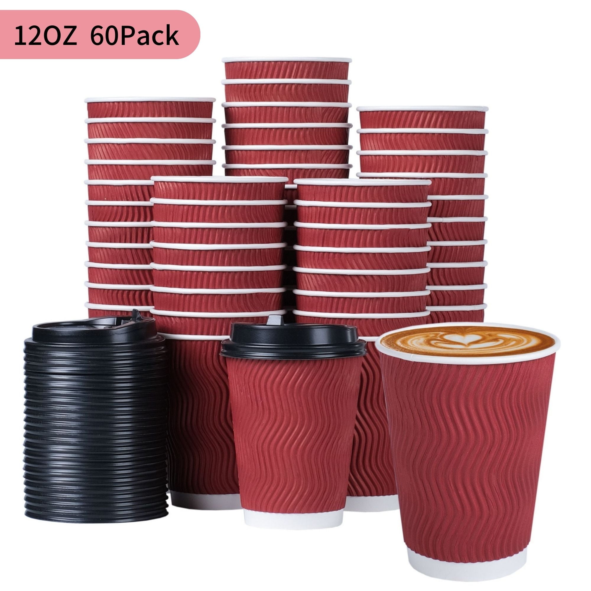 Lamosi 60 Pack 12 Oz Coffee Cups With Lids Disposable Paper Cups Ripple