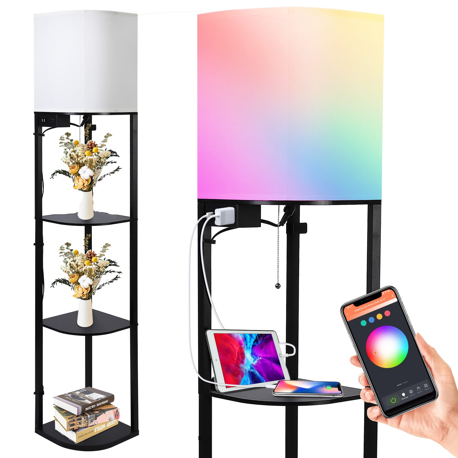 Smart RGB Floor lamp with Shelves Modern Standing Lamp with 2 USB Ports ...