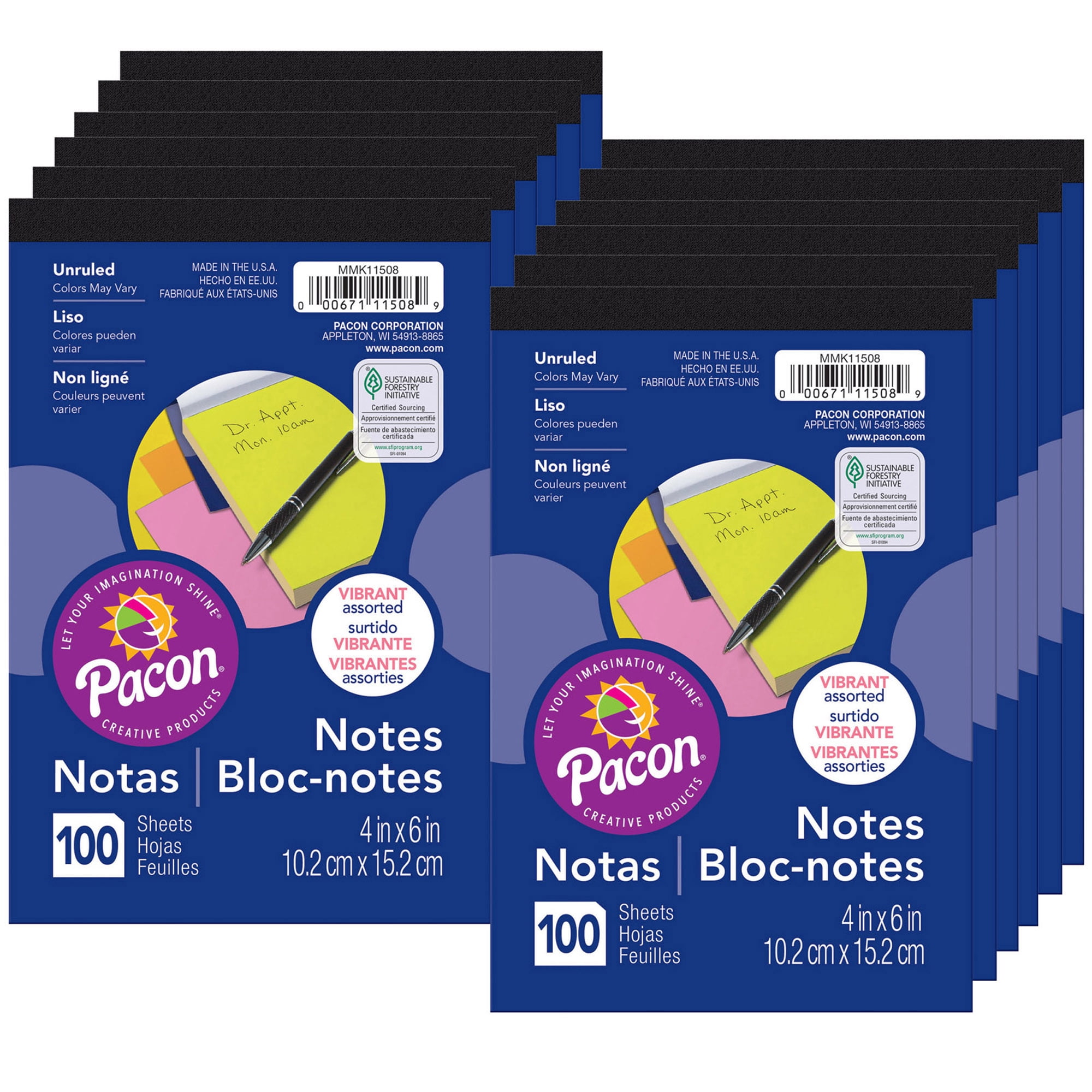 Note Pad, Assorted 5 Vibrant Colors, 4" x 6", 100 Sheets, Pack of 12 ...