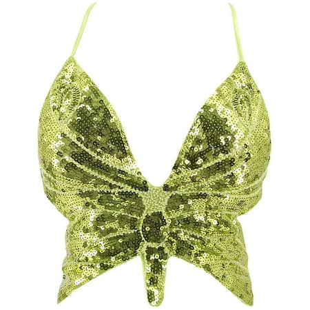 Jayli Women's Shimmer Sequin Crop Top Low-Cut Tube Top Butterfly Rave ...