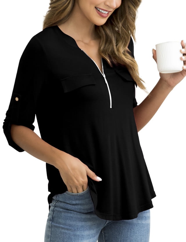 Traleubie Women's Plus Size Tops Zip Front V Neck 3/4 Sleeve Blouses ...