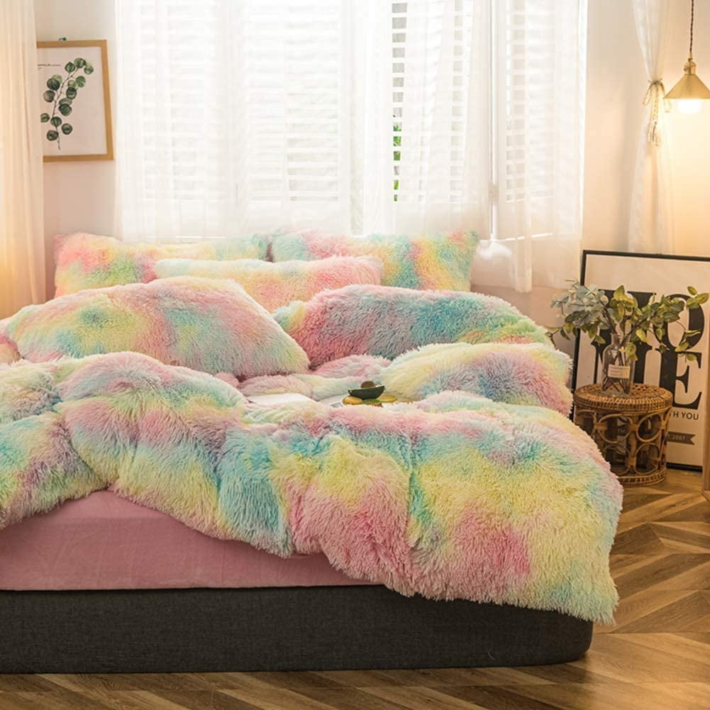 Rainbow Fluffy Comforter Cover Set Queen Plush Shaggy Fuzzy Duvet Cover ...