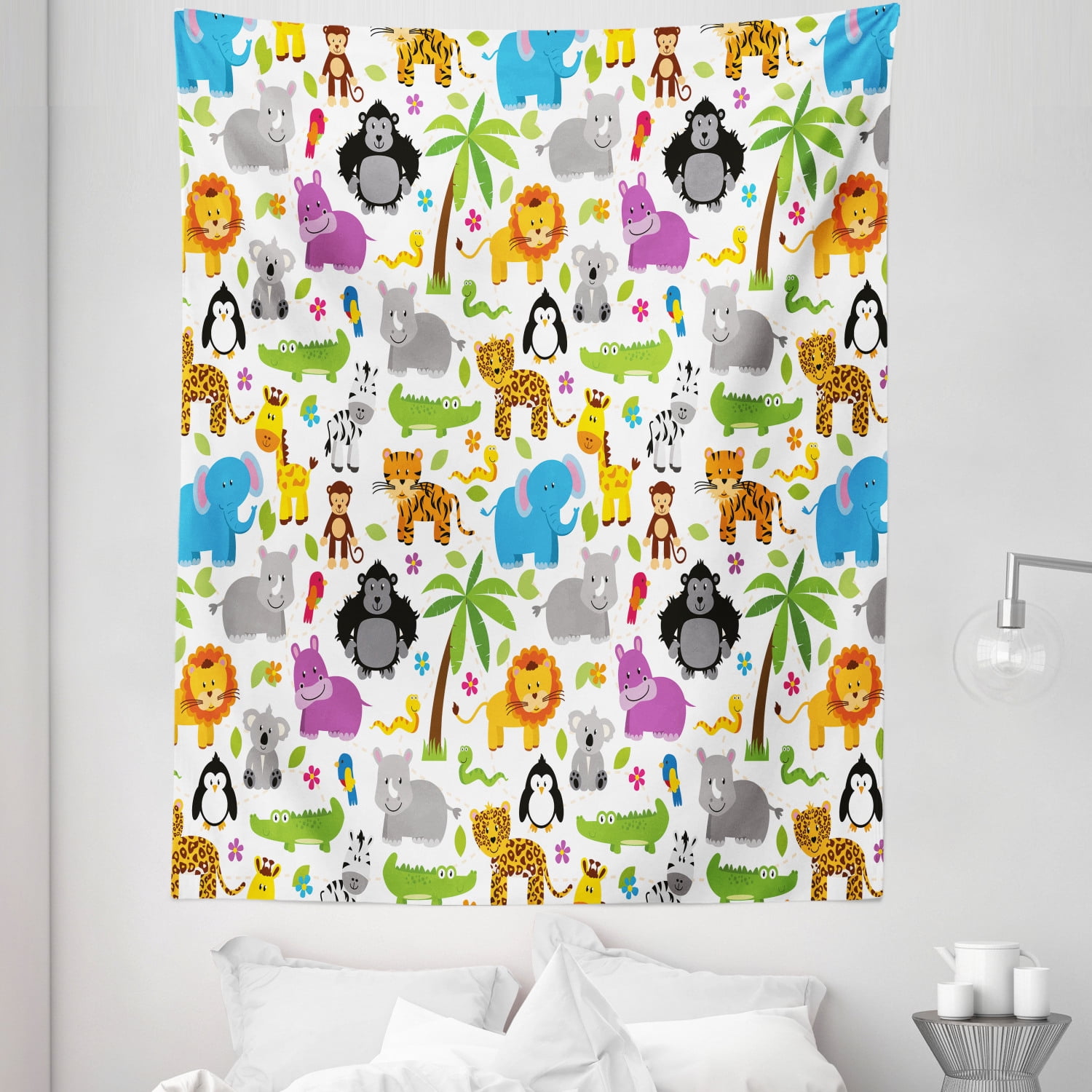 Cartoon Tapestry, Various Types of Animals Drawn Manner Lions Koalas ...