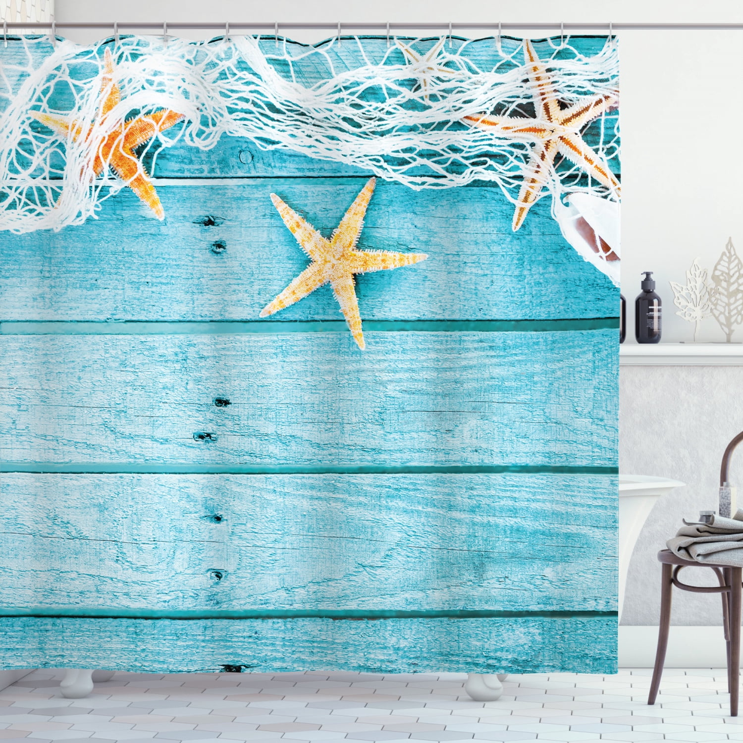 Starfish Shower Curtain, Rustic Wood Boards Fishing Net and the Ocean ...