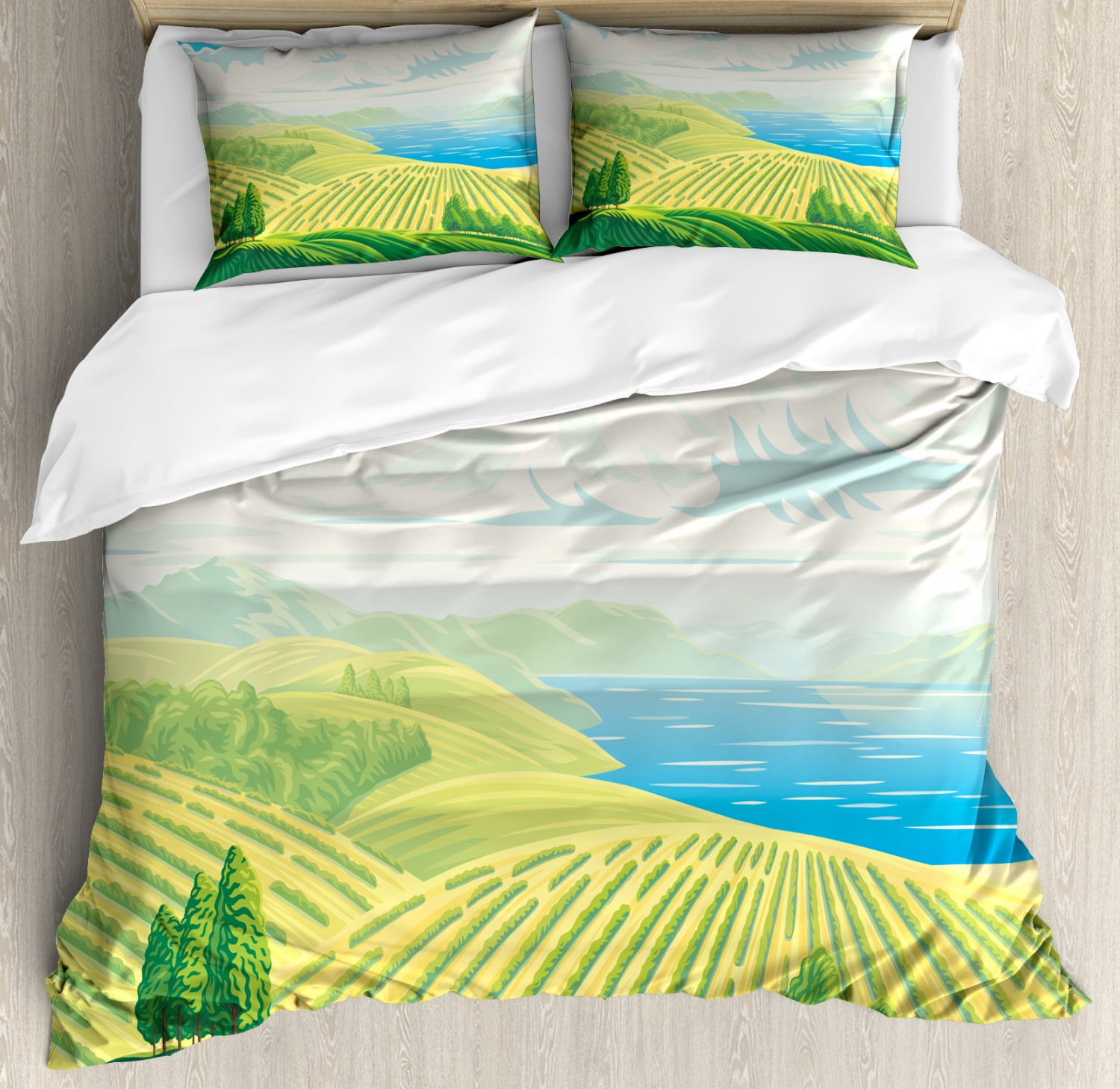 Outdoors Duvet Cover Set Queen Size, Lake Mountains Fields Idyllic ...