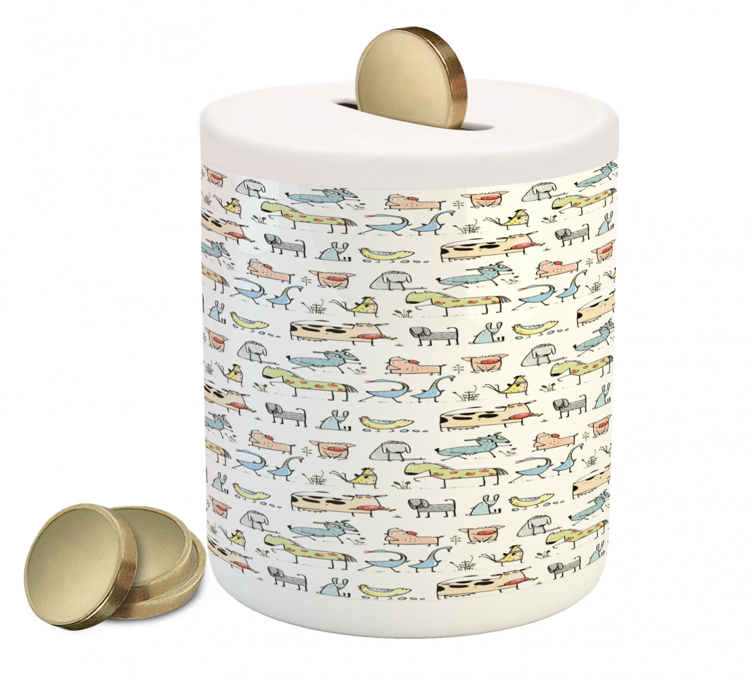 Retro Piggy Bank, Cartoon Village of Domestic Animals Goat Goose Sheep ...