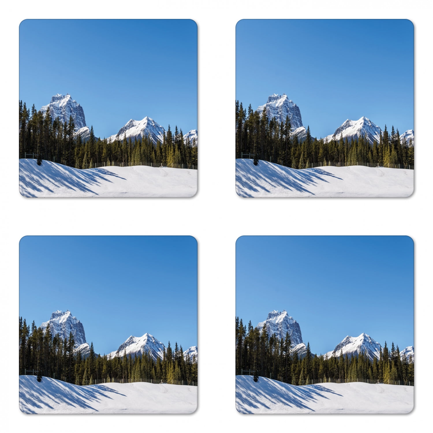 Winter Coaster Set of 4, Snowy Mountains with Peaks and Forest View ...