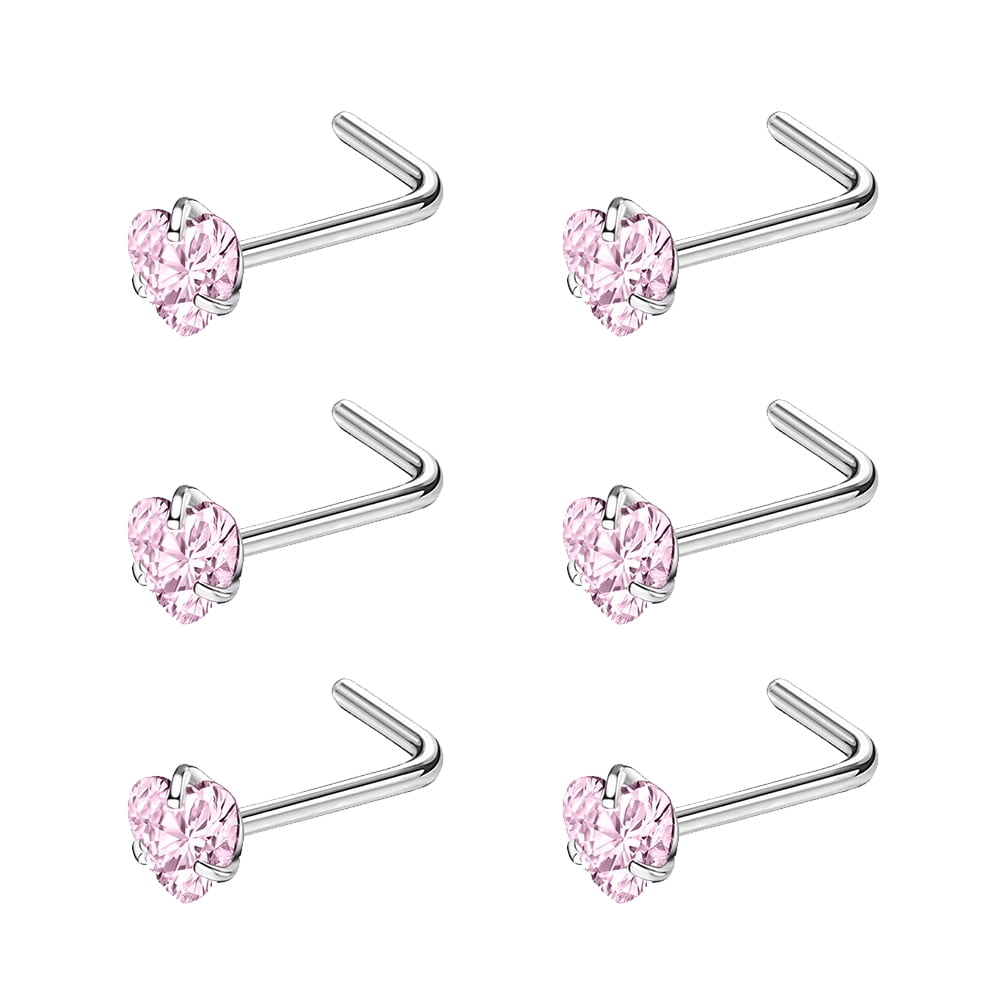ZS 6Pcs/Set 20g Heart Nose Piercing L Shaped Nose Stud CZ Nostril ...