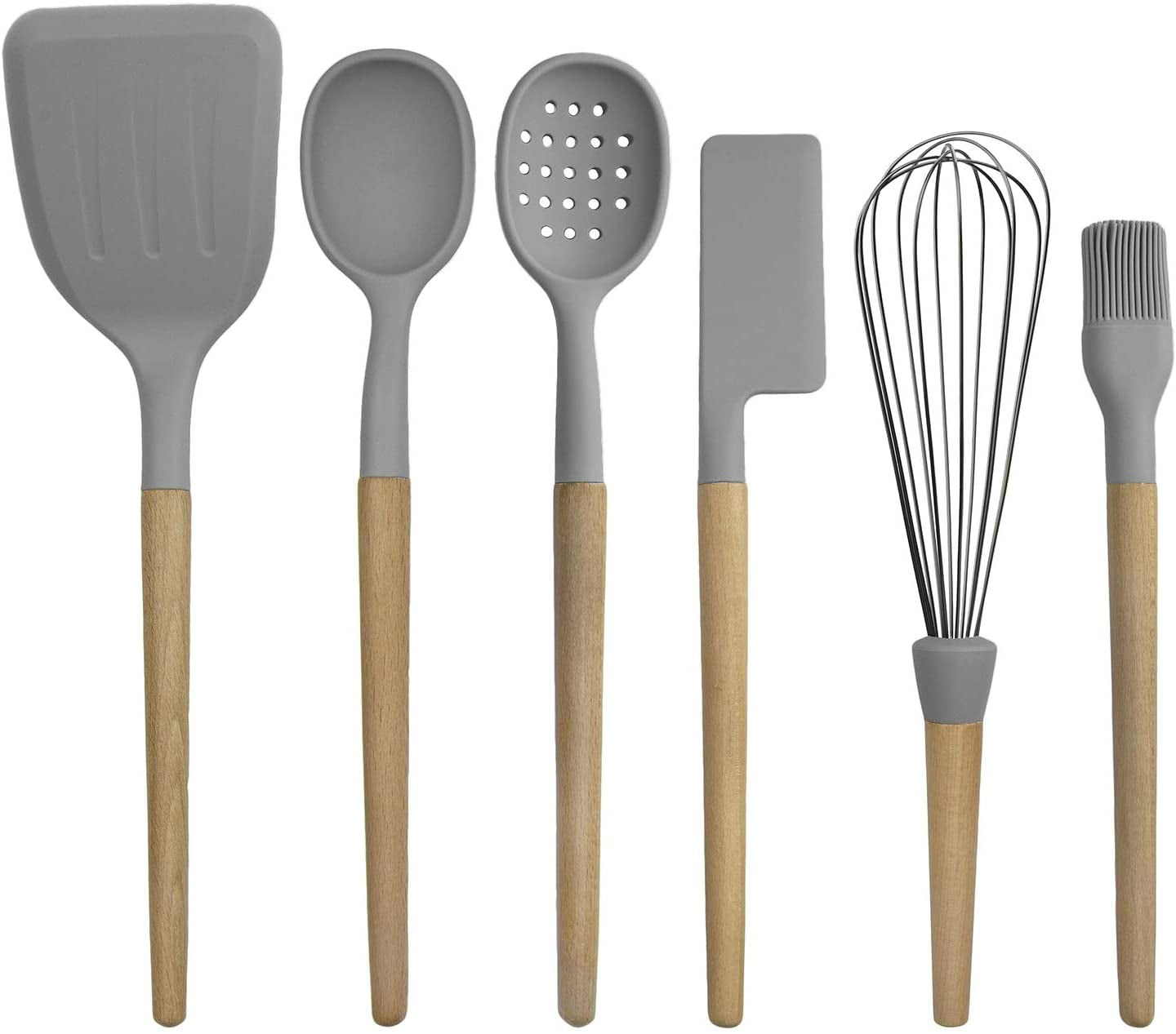 (Gray) - 6 pc Non Stick Silicone Utensil Baking Set with Rounded Wooden ...