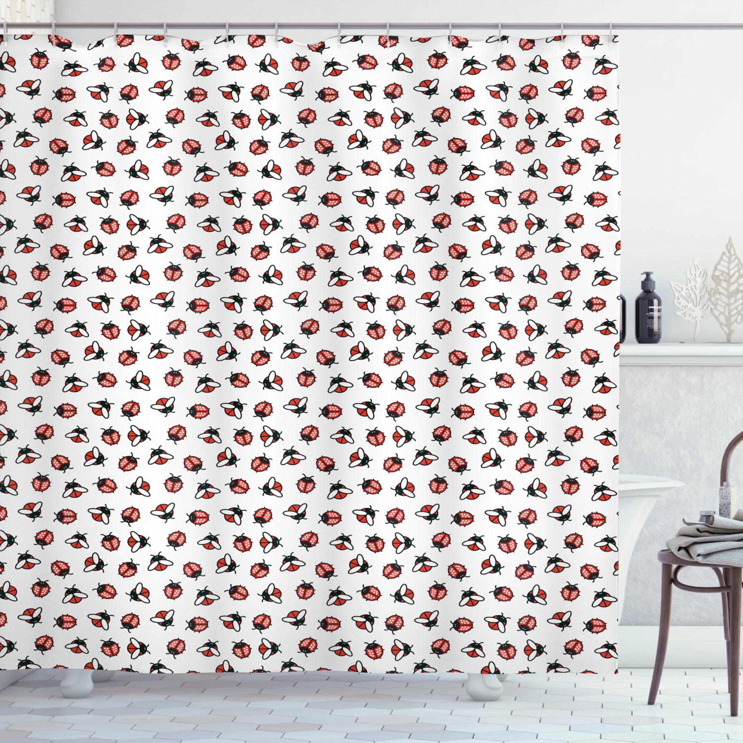 Ladybug Shower Curtain, Pattern of Insects with Dotted Wings Cartoon ...
