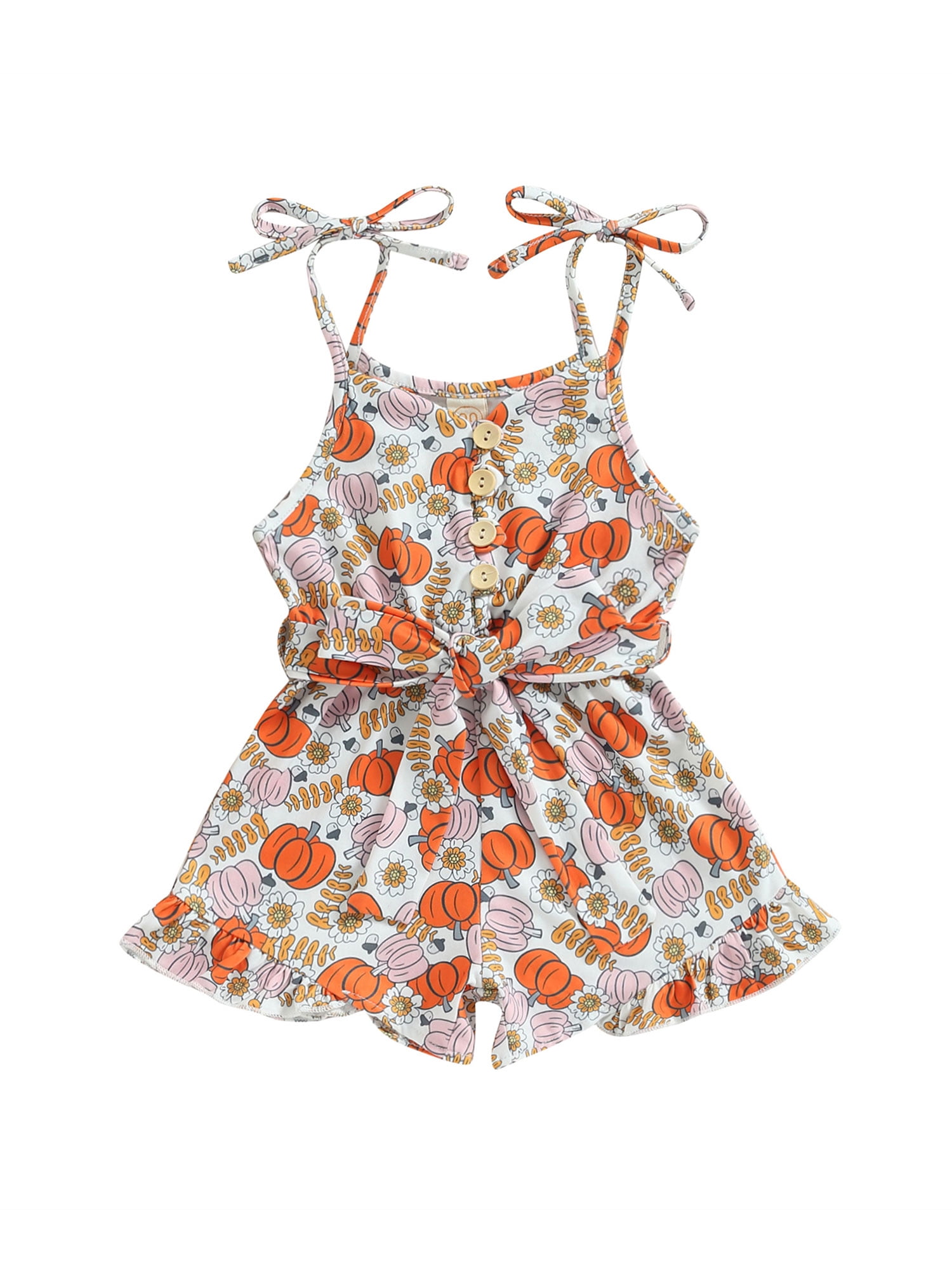 Baby Girls Fall Halloween Romper Sleeveless Pumpkin Print Belted Jumpsuit Shorts Button Down ...