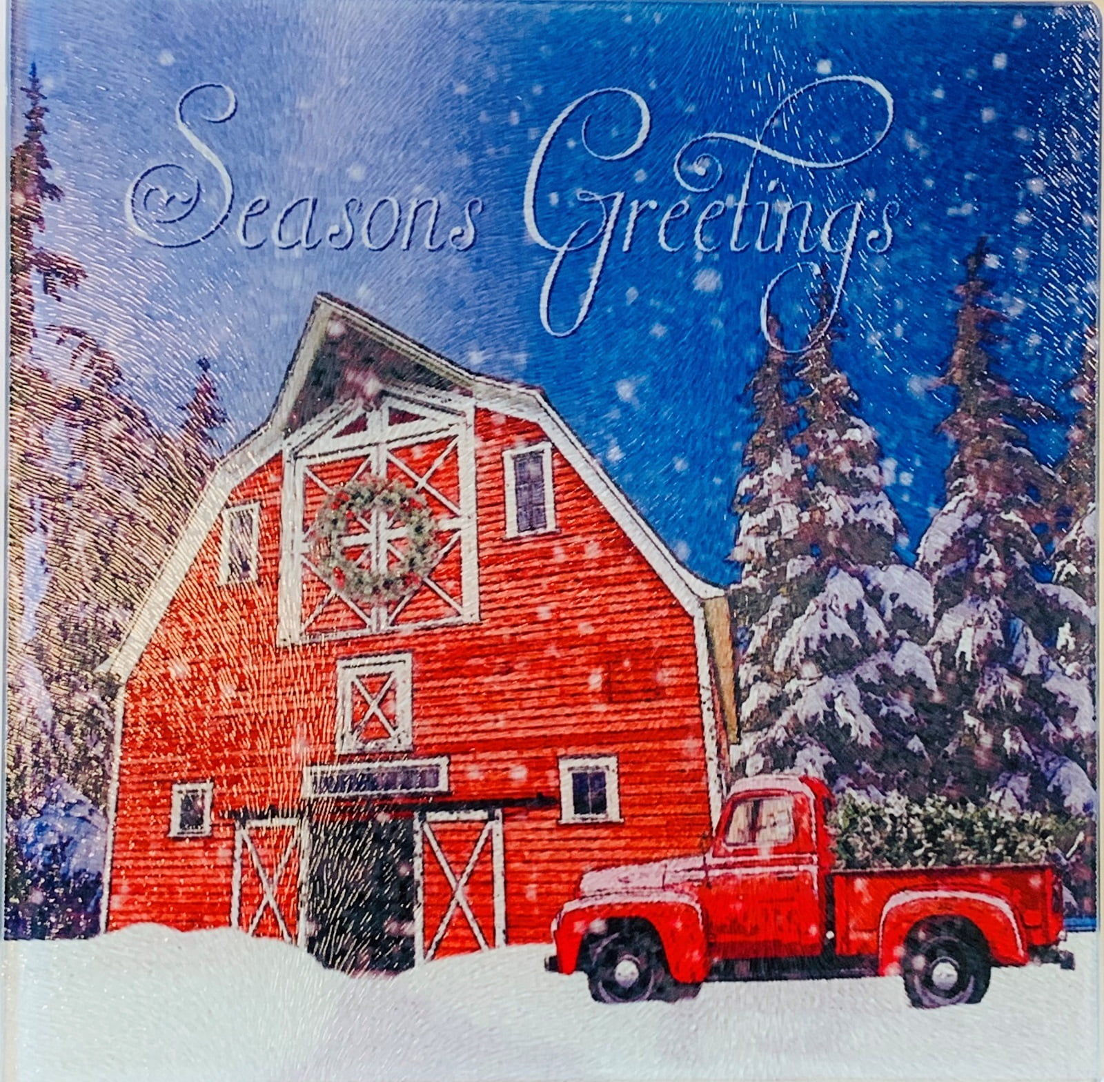 Old Red Barn Pickup Truck Seasons Greetings Glass Cutting Board 7.75 ...