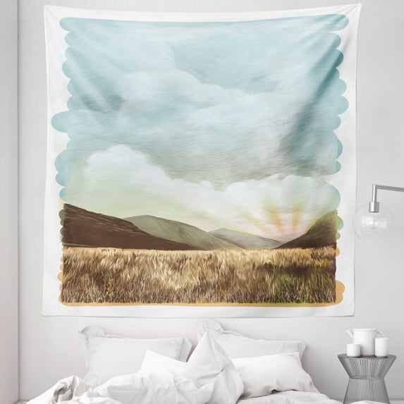 Beige Green Tapestry, Living in Nature Countryside Meadow View Scenery ...