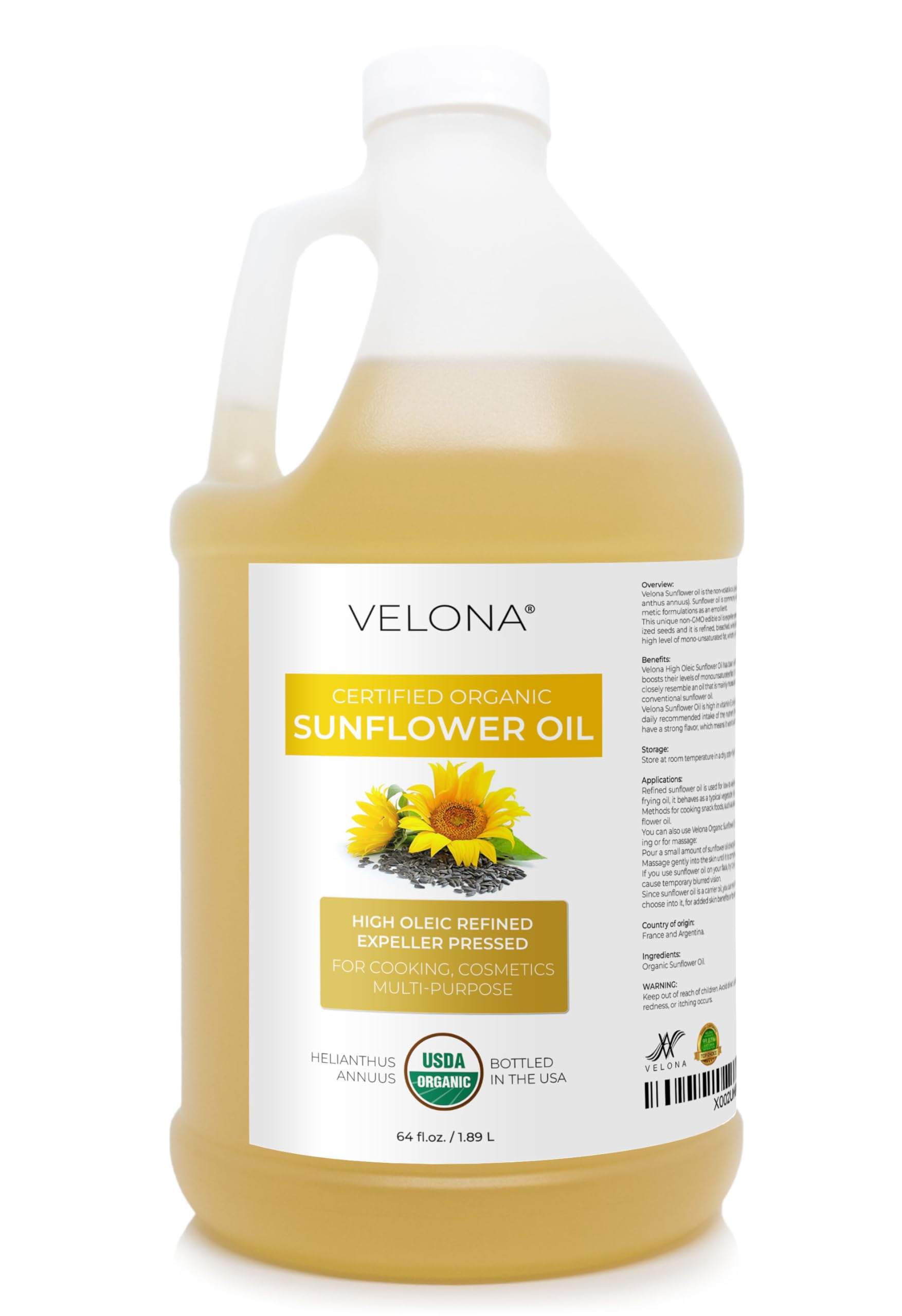 Aceite de girasol Velona, certificado orgánico por el USDA, 1,89 L | Bodega Aurrera en línea
