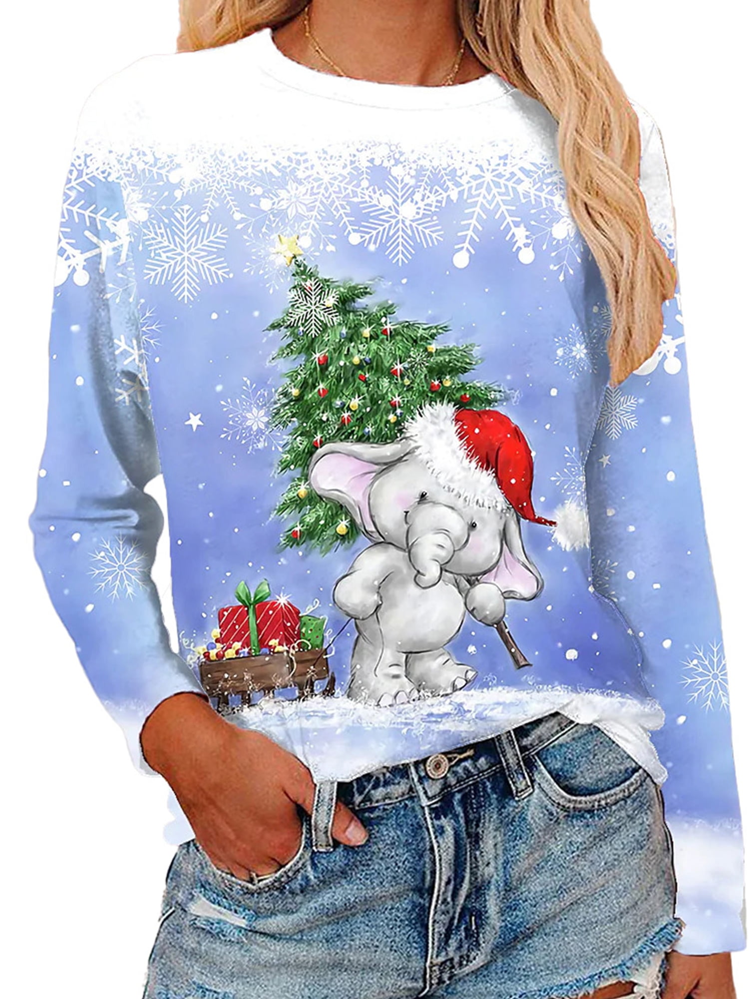 JustVH Women Christmas Round Neck Long Sleeve Shirt Holiday Pullover ...