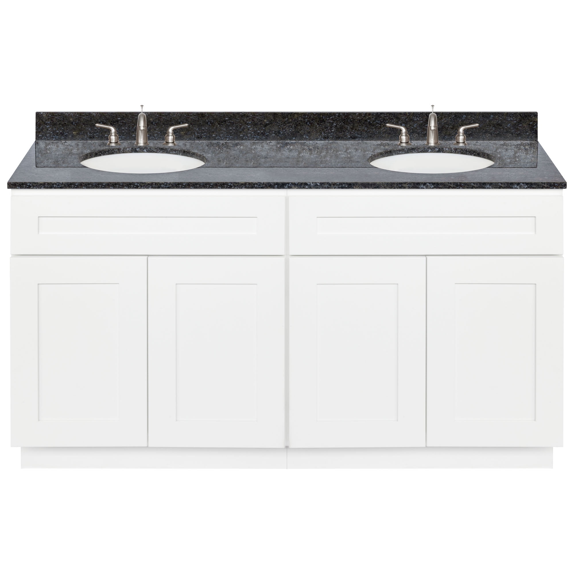 White Double Bathroom Vanity 60", Blue Butterfly Granite Top, Faucet ...