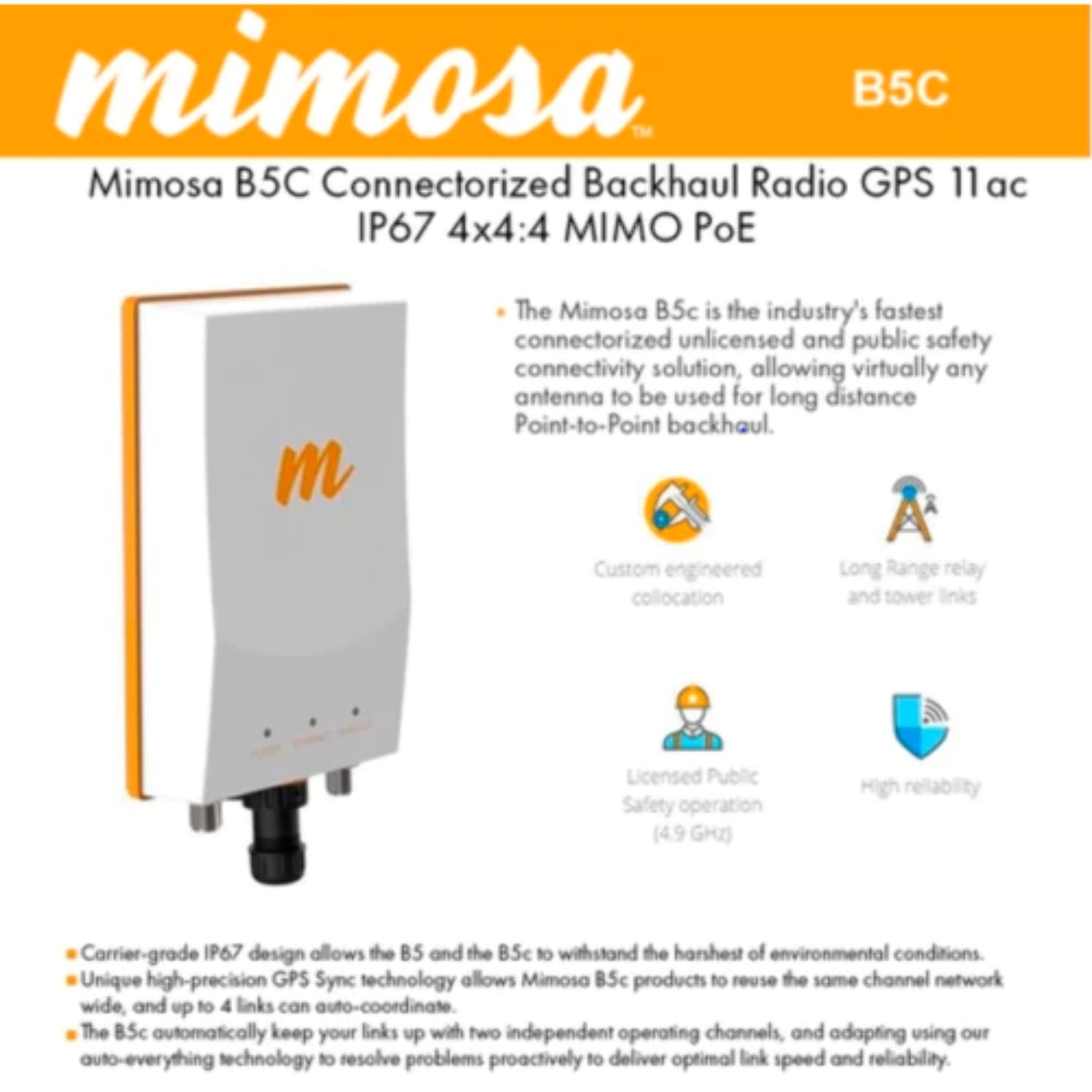 Mimosa Networks B5c PtP Backhaul Radio Connectorized GPS 11ac IP67, 4x4:4 MIMO - Walmart.com