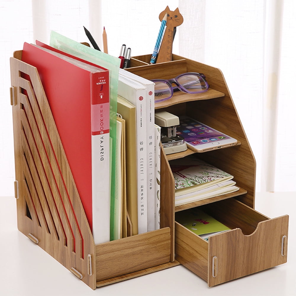 Desktop Organizer Office Storage Rack with Pen Holder Adjustable Wood ...