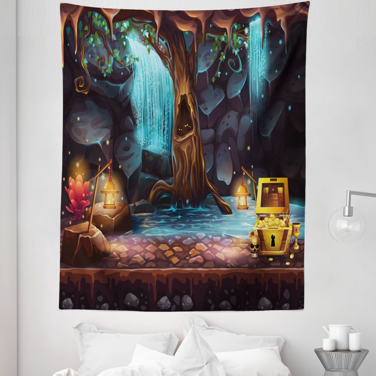 Fantasy Tapestry, Cartoon Style Cave Landscape with a Big Tree Treasure ...