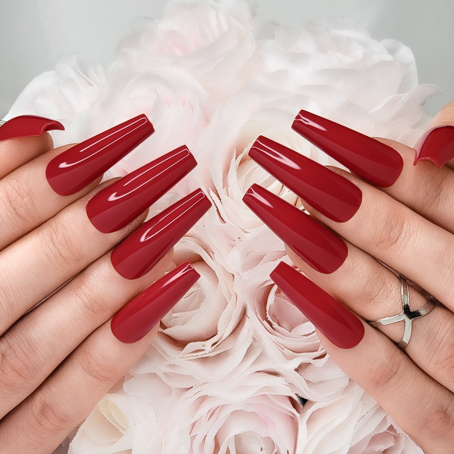 Hypnaughty 24 Pcs Passion Red Gloss Extra Long Press On Nails and Glue ...