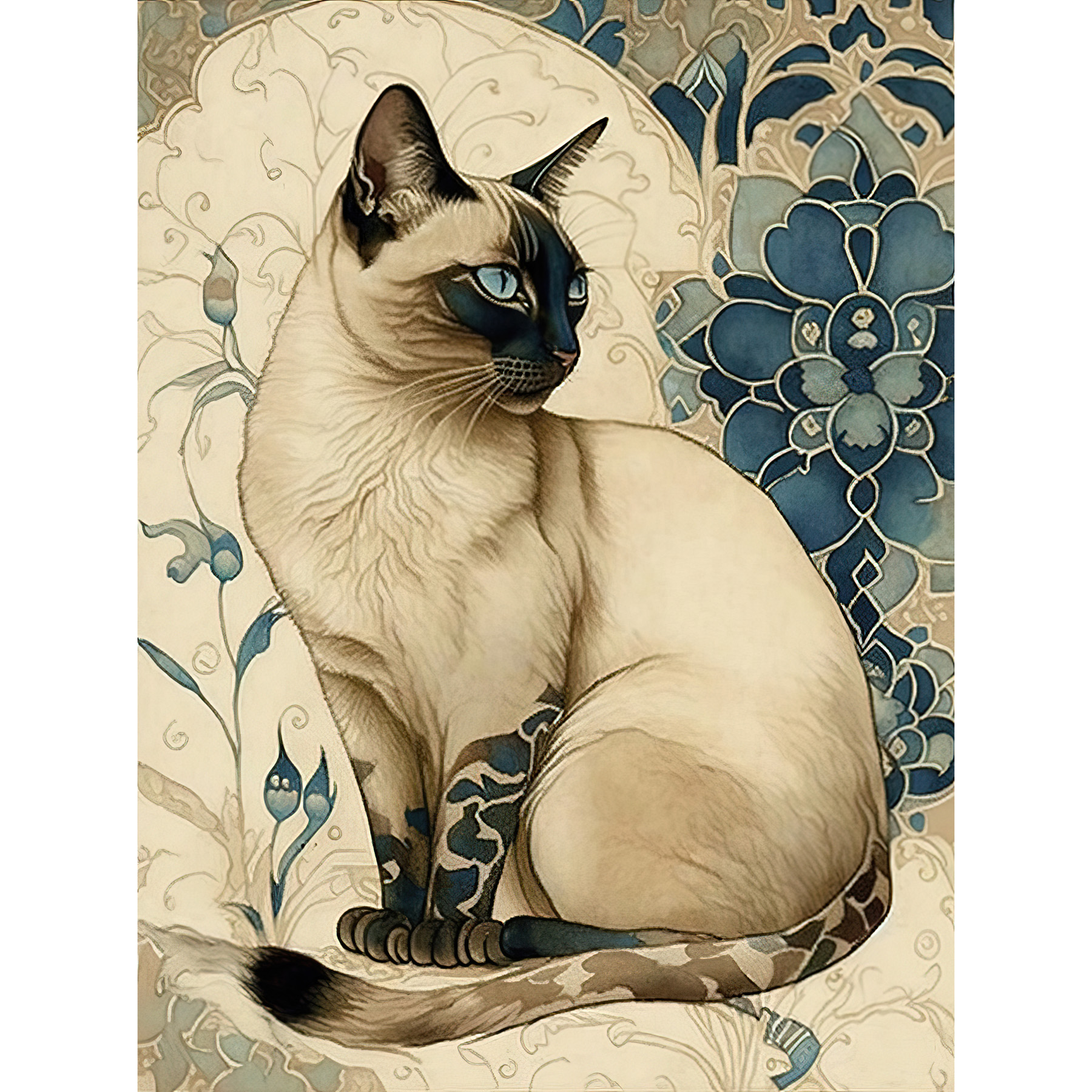 Siamese Cat with Blue Flower Pattern Modern Art Nouveau Watercolour ...