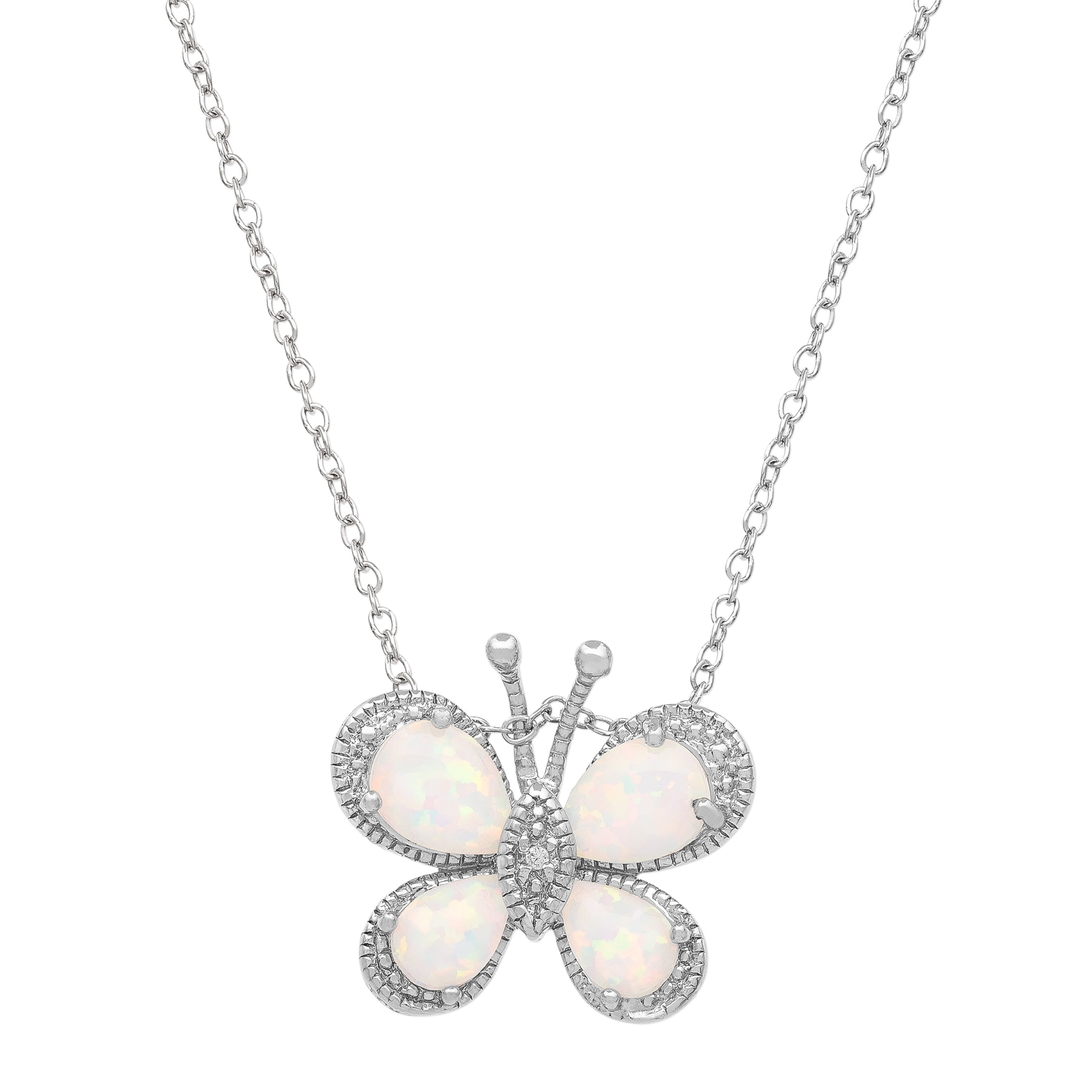 Sterling Silver Cubic Zirconia and Created Opal Butterfly Pendant, 18" Chain - Walmart.com