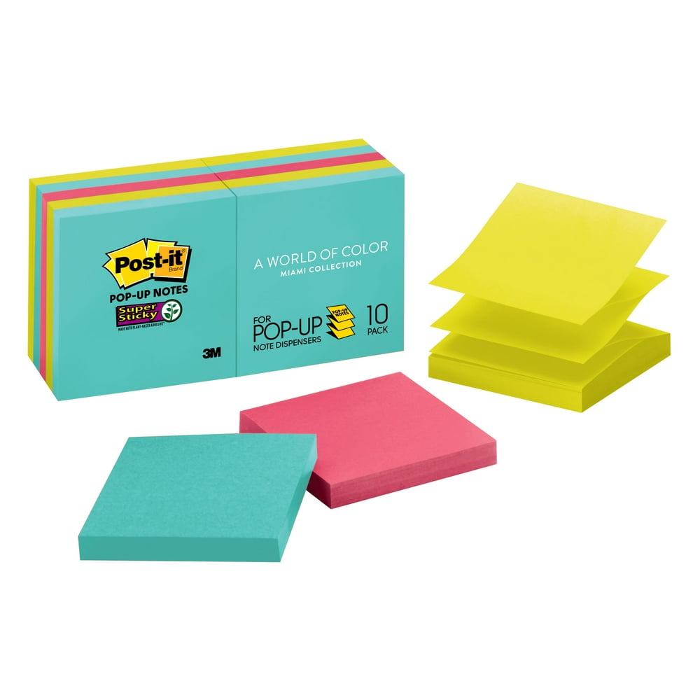 Post-it Super Sticky Pop-up Notes, 3" x 3", Miami Collection, 10 Pads ...