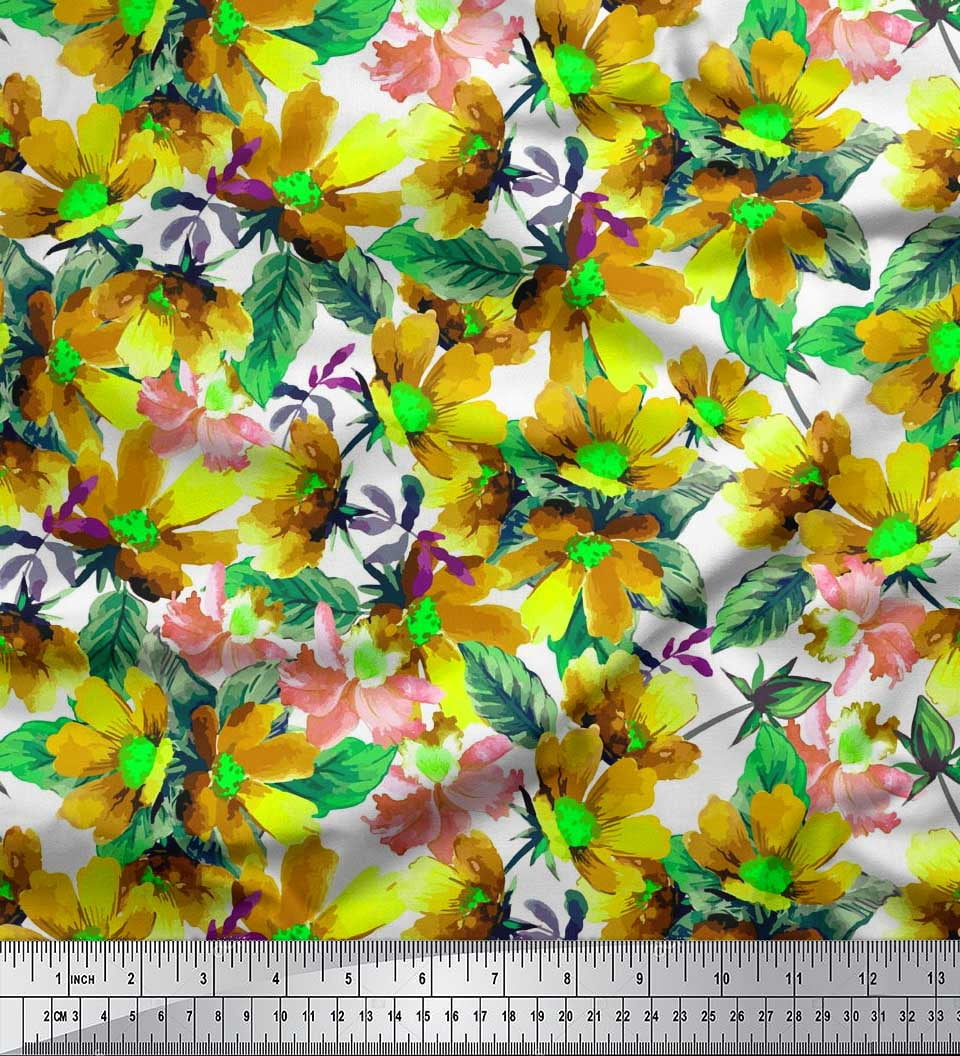 Soimoi Yellow Satin Silk Fabric Leaves & Floral Watercolor Print Fabric ...