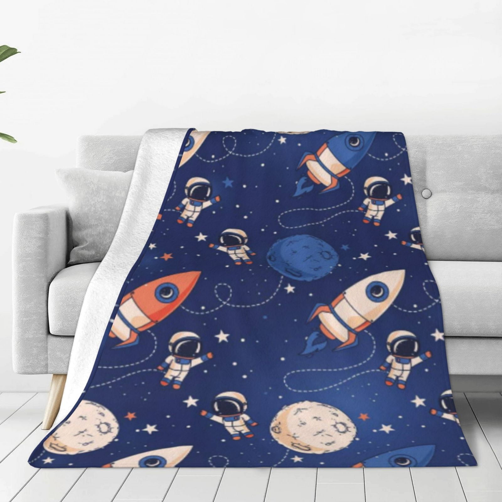 Cartoon Rocket Throw Blanket Spaceship Astronauts Planets Print Blanket ...