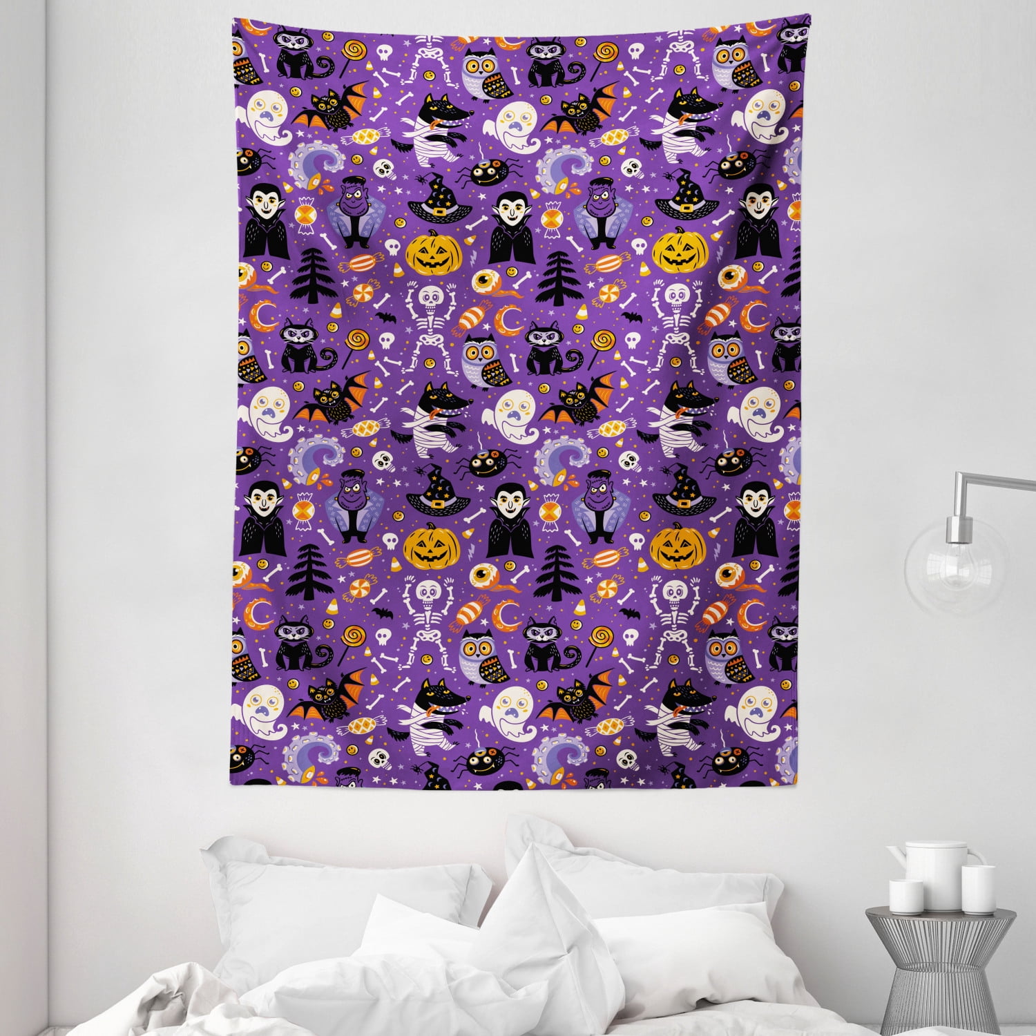 Halloween Tapestry, Cartoon Design Horror Symbols of Vampire Ghost ...