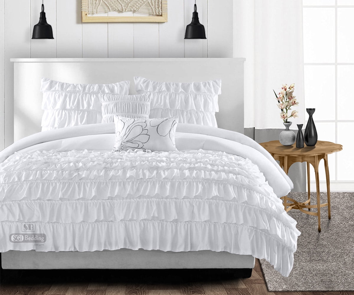 SGI Queen Multi Ruffle Comforter Set Microfiber White 3 Piece - Walmart.com