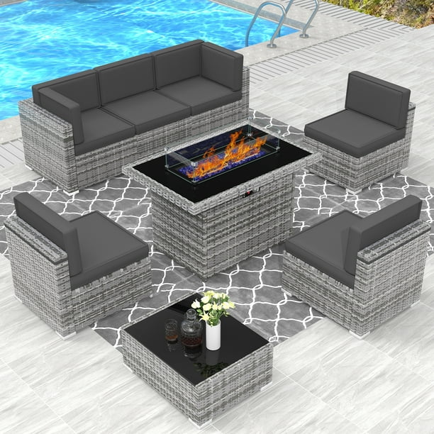 8 Piece Patio Furniture Set with 44" Propane Gas Fire Pit Table, Outdoor Sectional Conversation ...