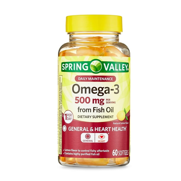 Spring Valley Omega-3 Fish Oil Softgels, Lemon, 500 mg, 60 Count ...