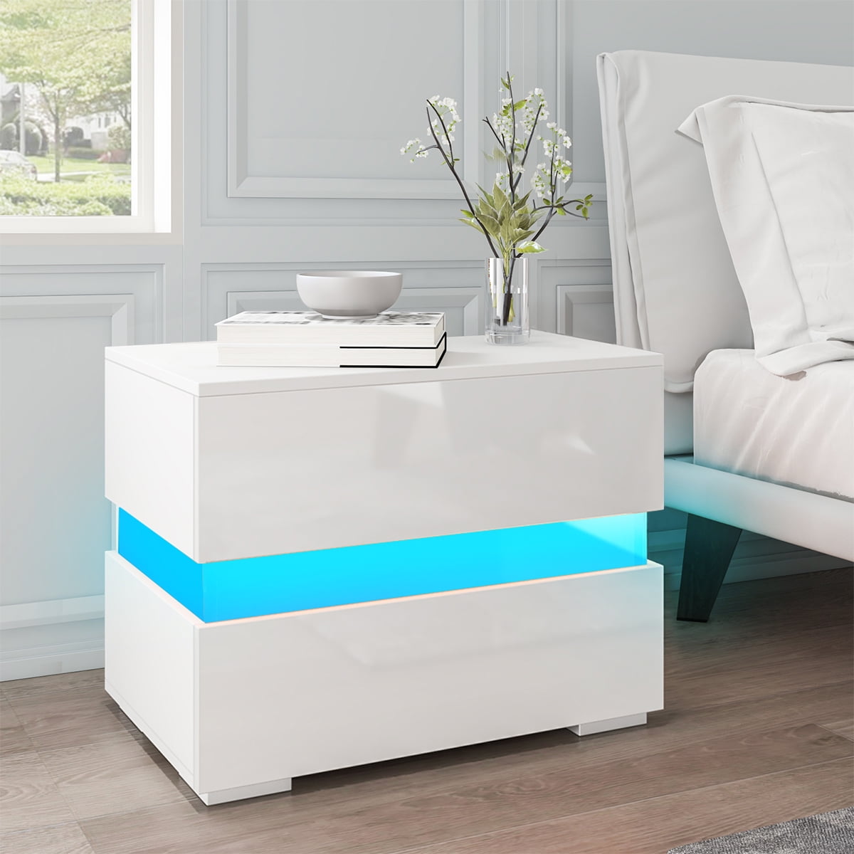 Hommpa RGB LED Bedside Table Modern Bedroom High Gloss 2 Drawers ...