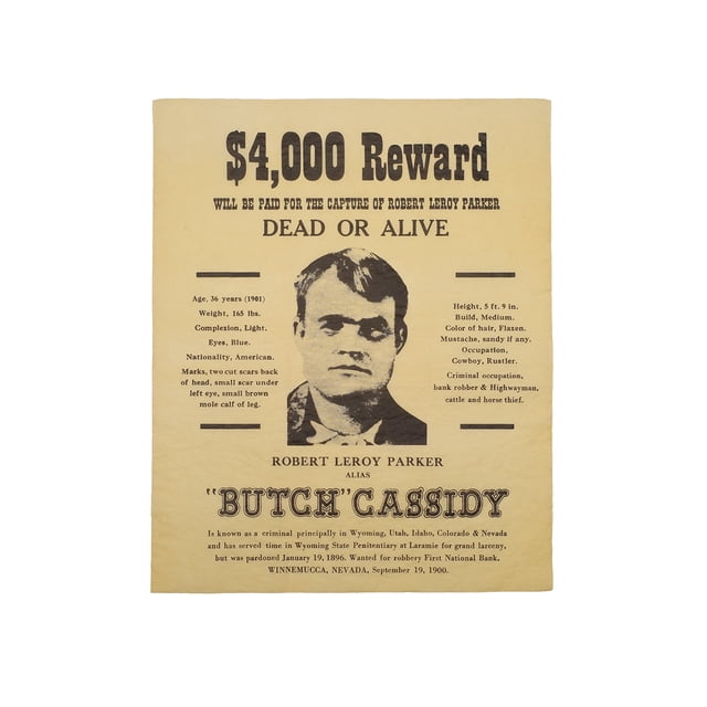 Reward Outlaw Butch Cassidy Wanted Poster Western Decor Parchment Paper ...