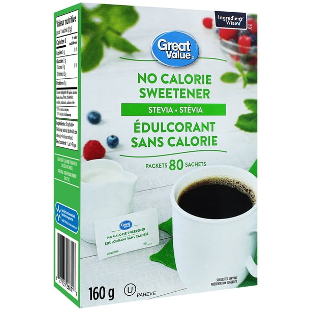 Great Value Stevia No Calorie Sweetener, 160 g (80 packets) - Walmart.ca