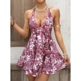 2026 New Women's Blue Halter Neck Mini Dress, Deep V-Neck Tiered Ruffle ...