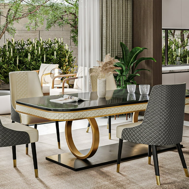 POVISON 63 Modern Black Faux Marble Dining Table for 4 with Rectangular Tabletop Gold Legs Dual Circle Base for Kitchen and Dining Room