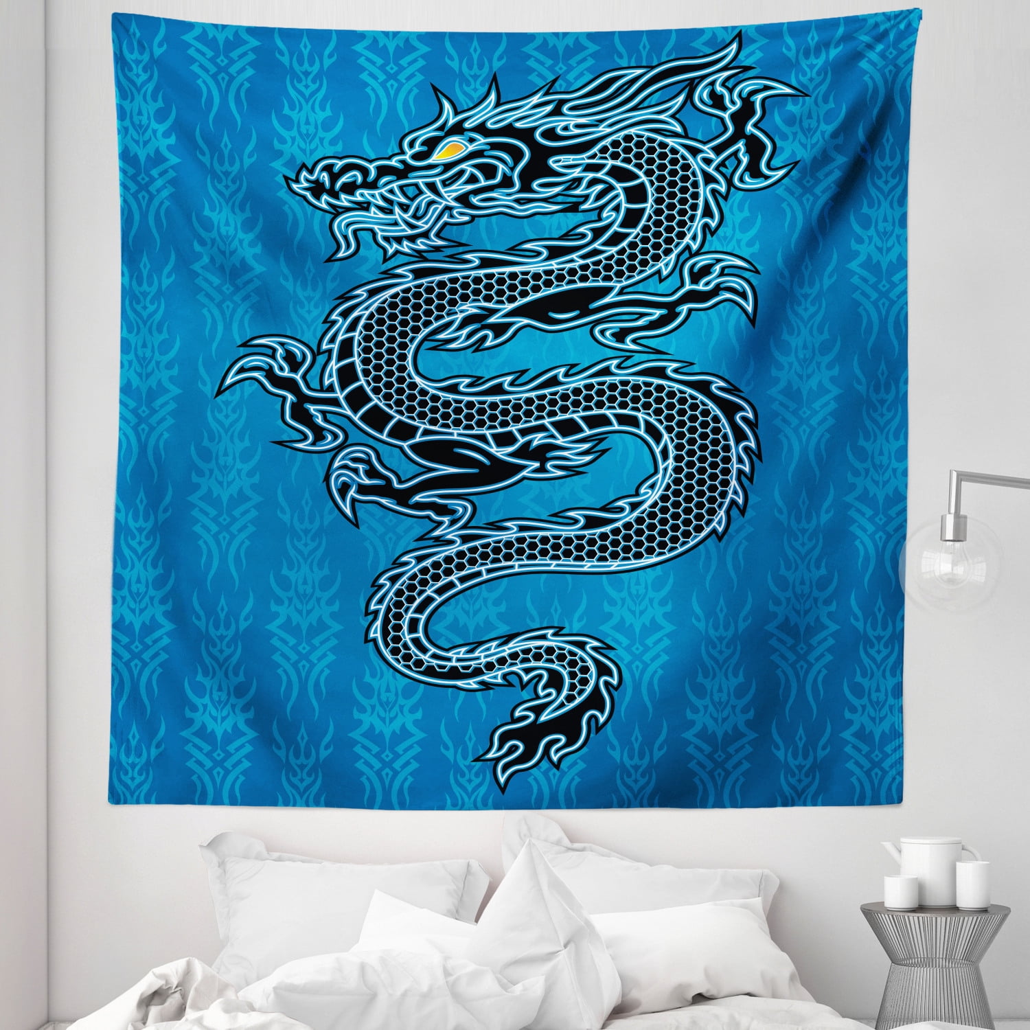 Dragon Tapestry, Black Dragon on Blue Tribal Background Year of the ...