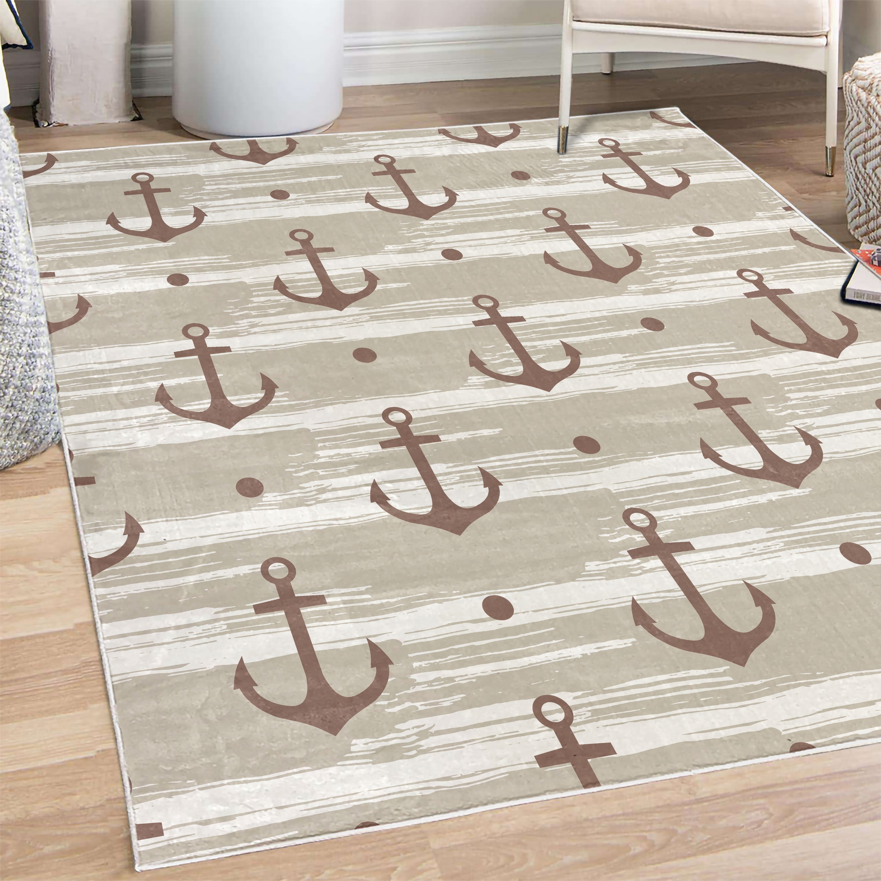 Marine Decorative Rug, Anchors and Skulls Crossed Bones Dots Pirate ...
